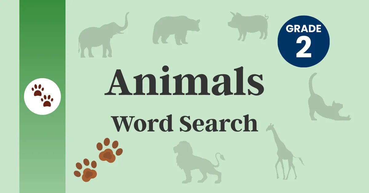 Grade 2 Animals Word Search – 12×12, 15 Words (Printable & Online)