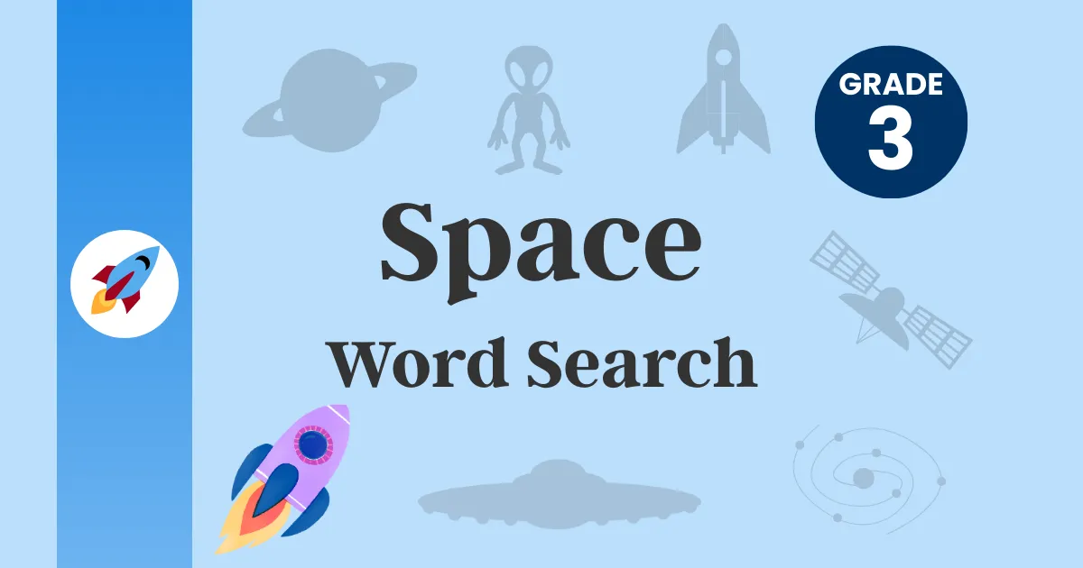 Grade 3 Space Word Search – 15×15, 18 Words, Diagonal (Printable & Online)